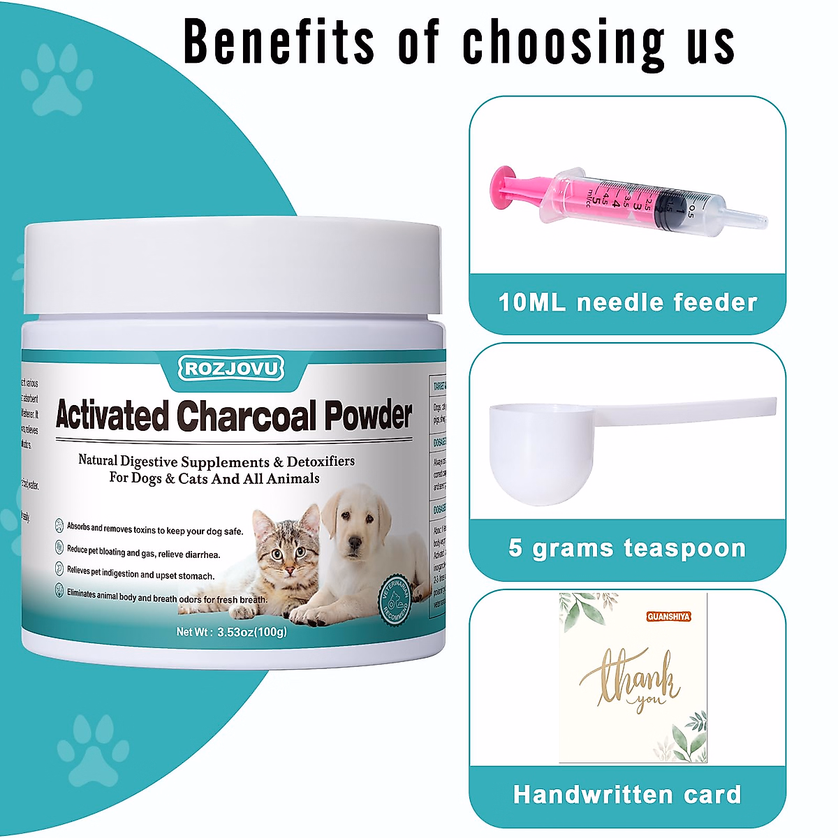 Activated Charcoal for Dogs, Cats, and All Pets, Charcoal for Dogs Poisoning, Digestive Health, Gas & Liver Support, Non-GMO, Gluten Free,3.53oz(Powder)