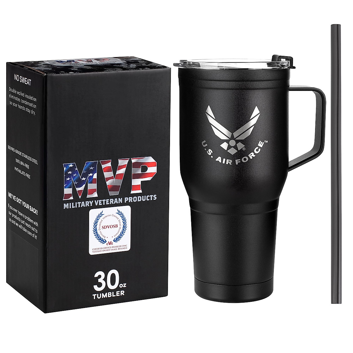 Military Veteran Products 30 Oz USAF Black Double Wall Vacuum Insulated Stainless Steel Air Force Tumbler with Handle | Travel Mug with Leakproof Lid