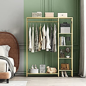 TIEOU Gold Clothing Rack with Shelves, Standing Garment Rack, Clothes Rack for Hanging Clothes, Modern Rack Clothes, Gold Clothes rack,Wardrobe Closet, Industrial Clothing Rack, Gold