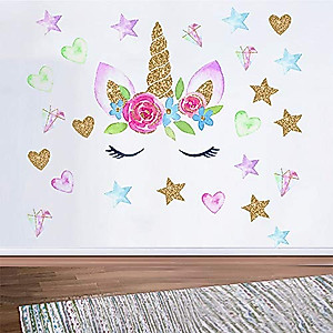 heshengzaixian Unicorn Horn Wall Stickers, Unicorn Face Star Heart Wall Decals for Girls Bedroom, Baby Girl Nursery Kid’s Birthday Decoration,Girl's Room Decor
