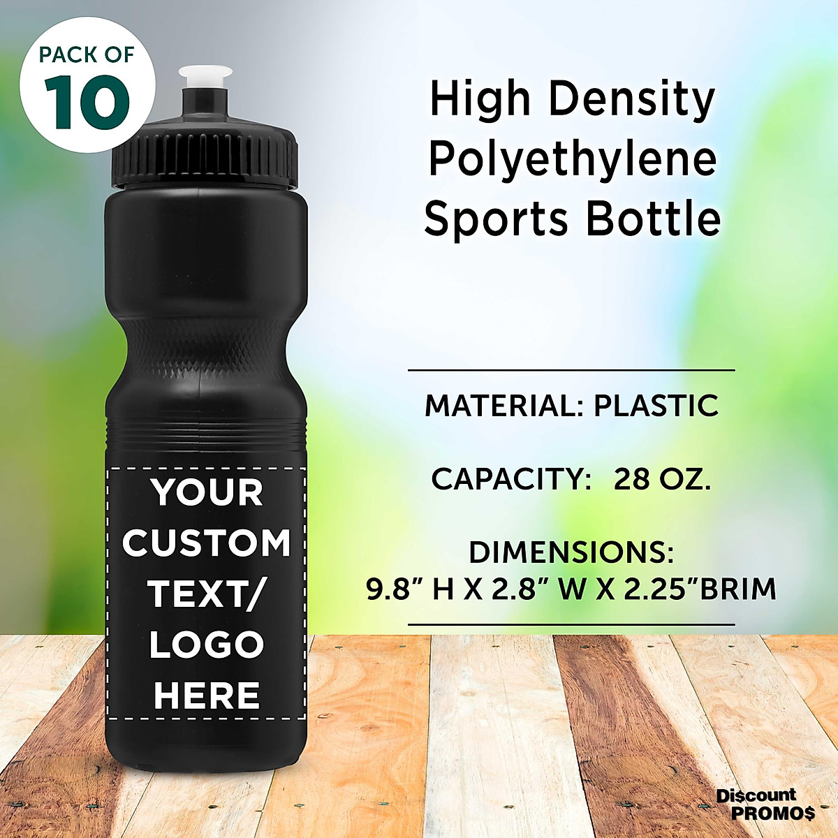 DISCOUNT PROMOS 28 oz. Custom Push Cap Plastic Water Bottles Set of 10, Personalized Bulk Pack - Perfect for Gym, Hiking, Camping, Outdoor Sports - Black