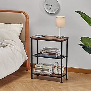 GIOPACO Narrow Side Table, End Table with 3 Tier Storage Shelves, Rustic Skiny End Tables for Small Spaces, Slim Couch Beside Table, Hallway Table for Living Room,Bedroom