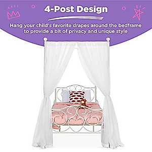 Best Choice Products 4-Post Metal Canopy Twin Bed Frame for Kids Bedroom, Guest Room w/Heart Scroll Design, 14-Slat Support System, Headboard, Footboard - White