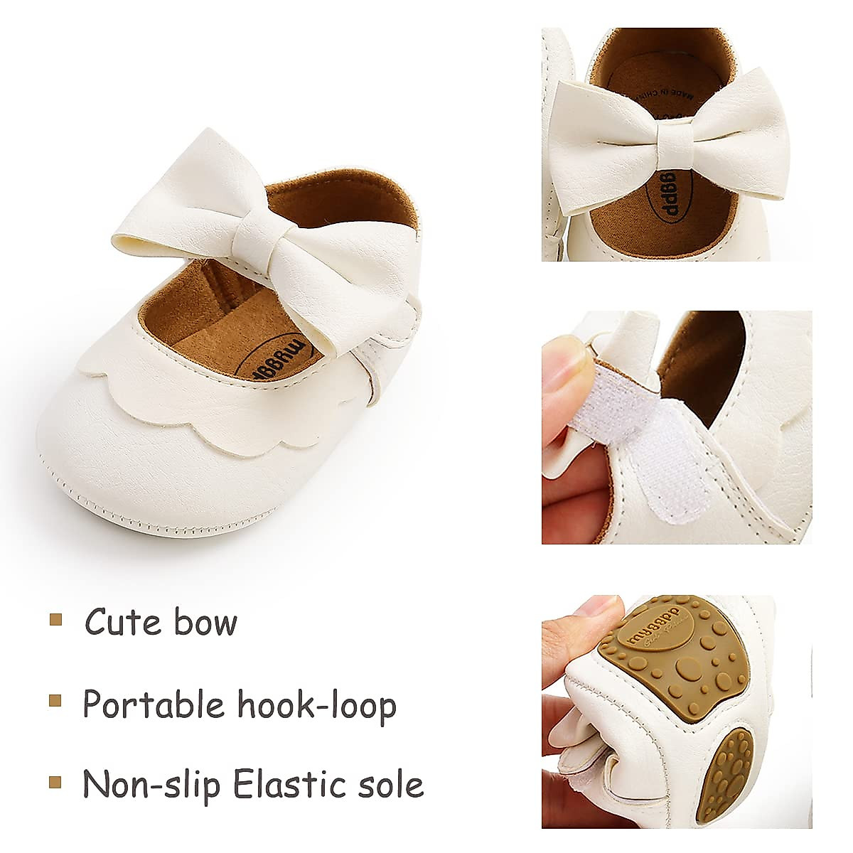 Timatego Baby Girl Mary Jane Flats Shoes Non Slip Soft Sole Infant Toddler First Walker Wedding Princess Dress Crib Shoes, 6-12 Months Infant, 10 White