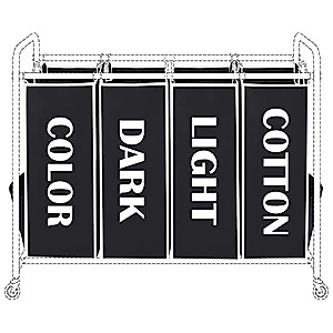 Laundry Sorter Replacement Bags 4 Section Laundry Hamper Cart Removable Replacement Bags Laundry Storage Organizer Bag Laundry Hamper Liner, 4 Pockets- No Hooks 14.76 x 8.66 x 21.65” (Black, 4 Pcs)