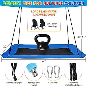 700lb Giant Platform Swing for Kids Adults with 2 Hanging Straps, Flying Saucer Tree Swing Set for Backyard Outdoor Indoor, Durable Steel Frame, Waterproof, Adjustable Swivel Ropes (Blue, Rectangle)