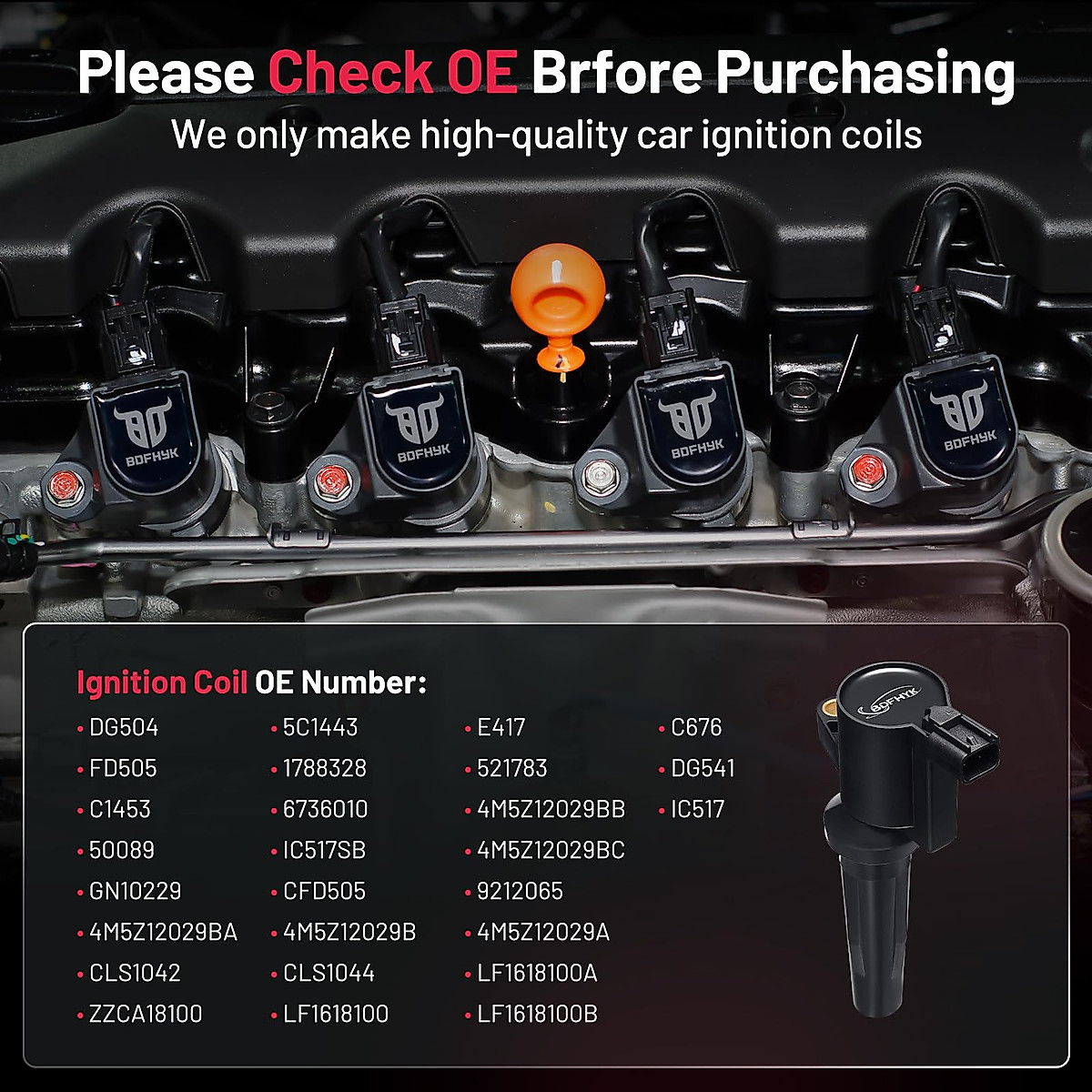 BDFHYK DG504 Ignition Coils Compatible with Escape Focus Transit Connect Mazda Mercury L4 2.0L 2.3L（4 Pack）Replacement for FD505 DG501 DG541 DG507