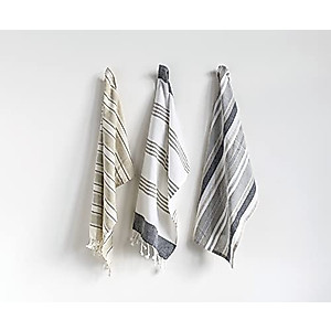 Creative Co-Op Grey & Tan Striped Cotton Tea Towels with Tassels (Set of 3)