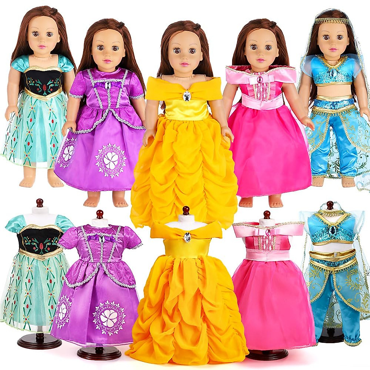 18 Inch Doll Clothes Accessories - 5 Pc Different Princess Costume Dress Set Includes Jasmine,Anna,Belle,Rapunzel and Aurora Fits All 18" Doll