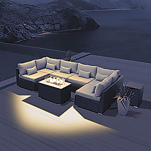 Dineli Patio Furniture Sectional Sofa with Gas Fire Pit Table Outdoor Patio Furniture Sets Propane Fire Pit (Light Gray-Rectangular Table)