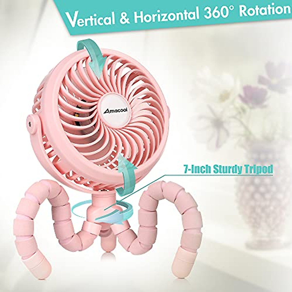 AMACOOL Battery Operated Stroller Fan Flexible Tripod Clip On Fan with 3 Speeds and Rotatable Handheld Personal Fan for Car Seat Crib Bike Treadmill (Pink)