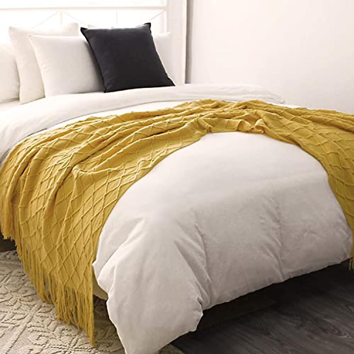 Knitted- Throw- Blanket- Set- Soft- Small Blanket for Chair 2 Colors 2 Piece Covers for Sofa, Couch and Bed Use, 100% Acrylic Warm Blanket 50 x 60 Inches, Yellow and Peacock Green