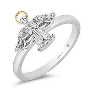 Jewelili Hallmark Fine Jewelry Guardian Angel Ring in Sterling Silver and 14K Yellow Gold with Diamonds, Size 7