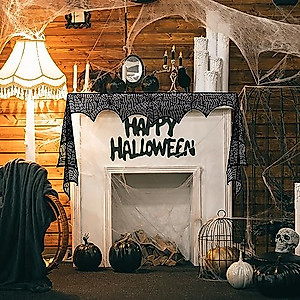 Amaxiu Halloween Fireplace Mantle Scarf, Spiderweb Mantel Decor Black Lace Fireplace Mantle Cover 18 x 96 in Festive Halloween Party Decorations Gothic Indoor Decor