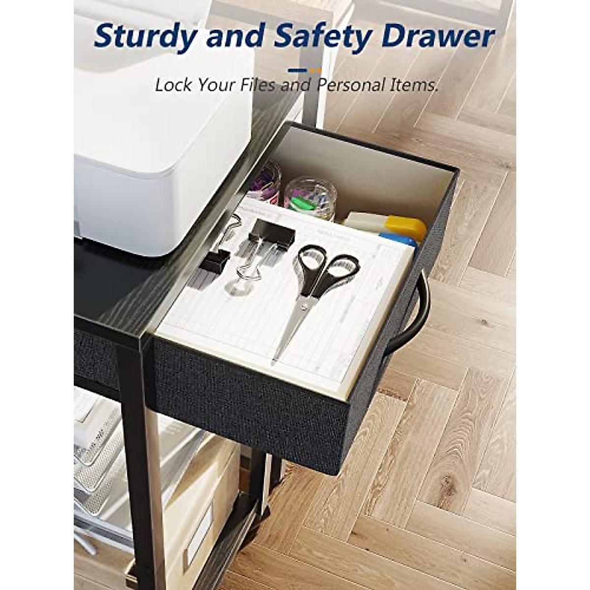 KKL Printer Stand with Storage, Computer Tower Stand with Drawer, Mobile PC Tower Stand Under Desk, CPU Stand Wood Desktop Stand for Home Office, Black & Dark Grey