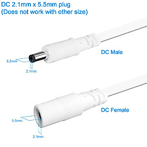 WILDHD DC Power Extension Cable 10ft 2.1mm×5.5mm,Universal 12v Power Extension Cable for CCTV Security Camera IP WiFi Camera Standalone DVR (10ft,Flat Body, White)