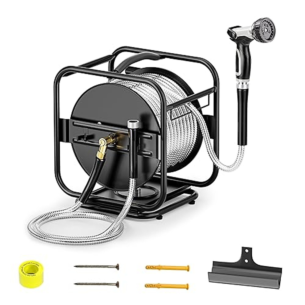 SPECILITE Heavy Duty Metal Garden Hose Reel With 100 Ft 304 Stainless Steel & 9-Pattern Metal Nozzle, 360° Rotation Frame,Wall Mount/Floor Hose Reel,