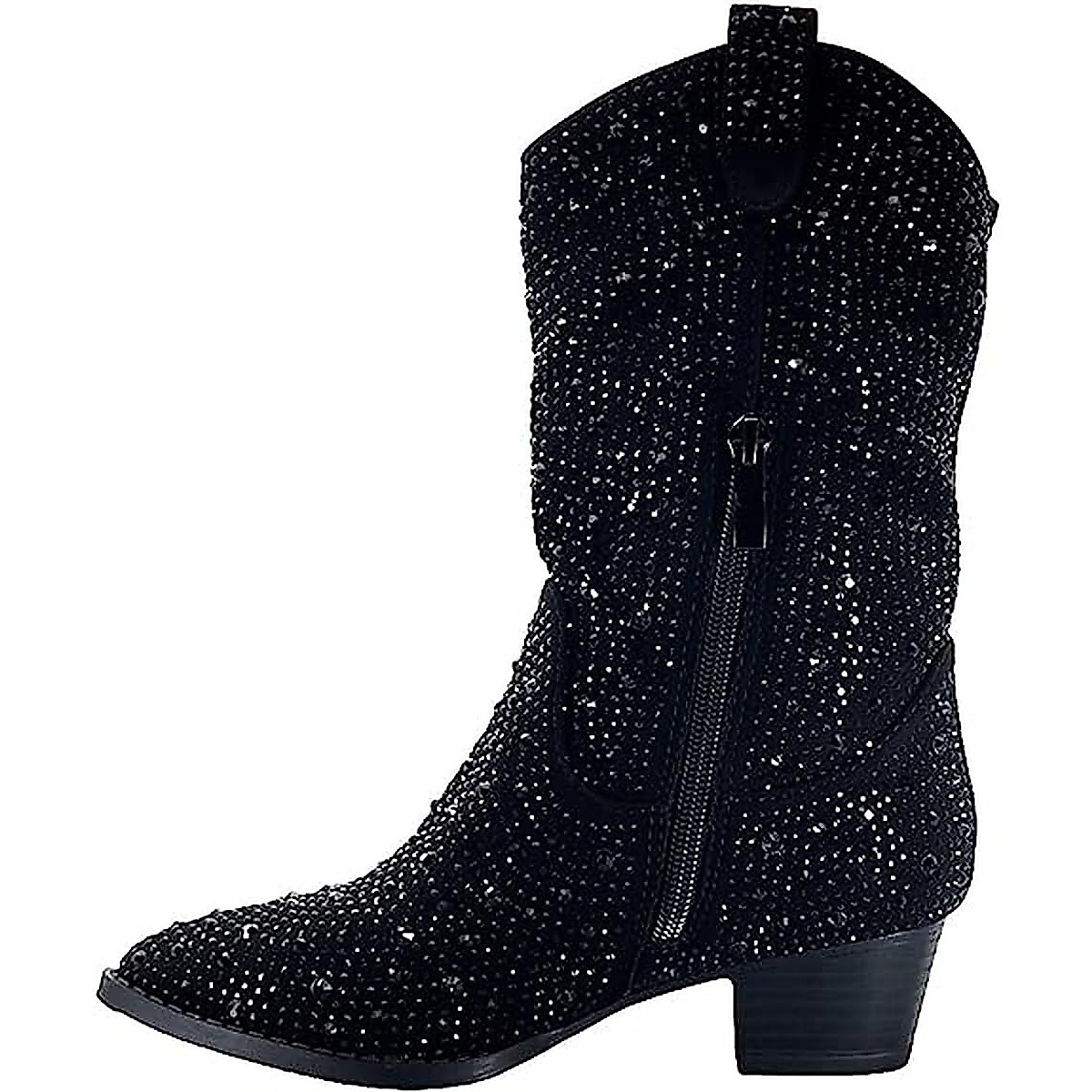 Forever Girls/Kids Rhinestone Western Cowgirl Cowboy Pointed Toe Low Heel Boots River-11K Black 2