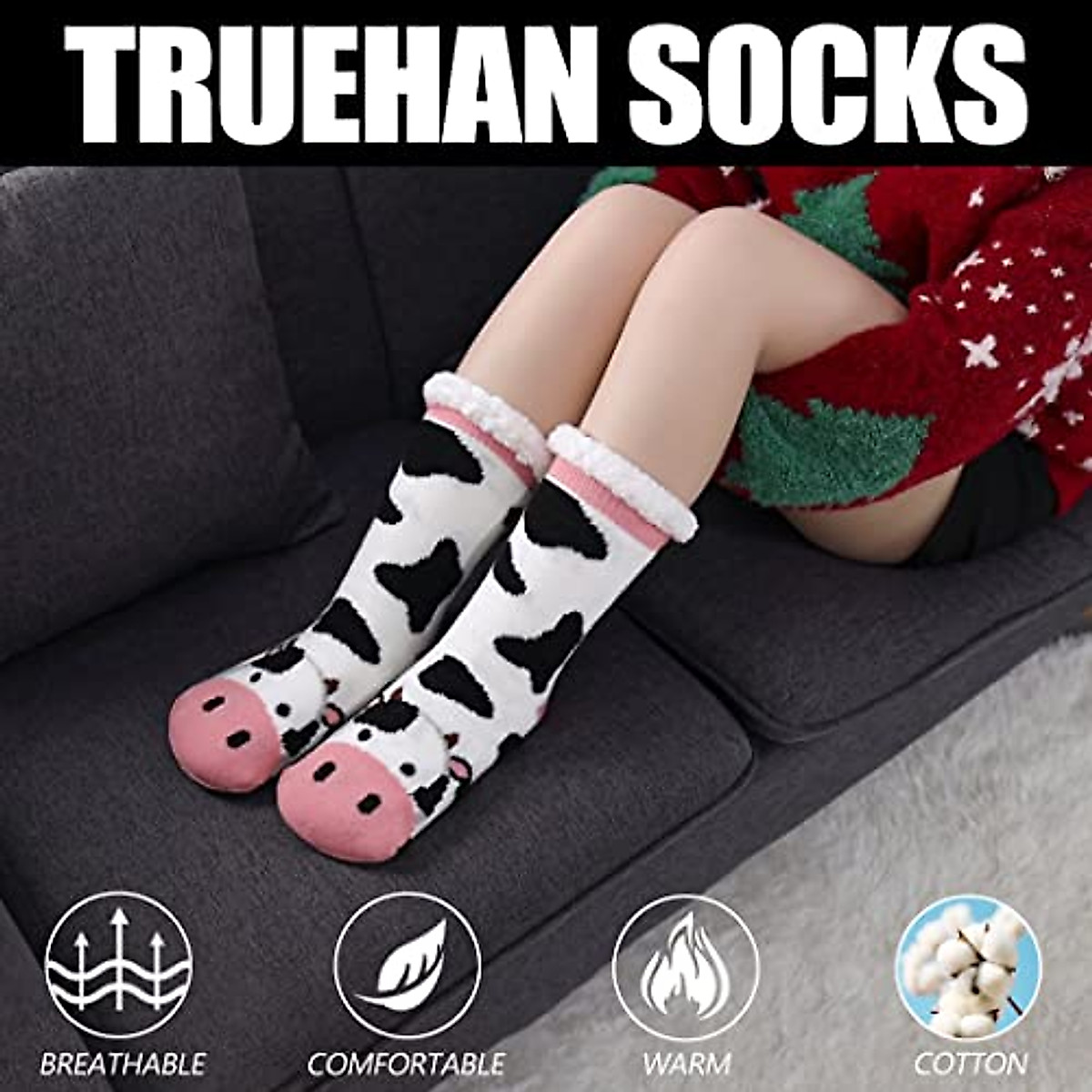TRUEHAN Slipper Socks for Womens with Grippers Non Slip Winter Warm Fuzzy Fluffy Home Socks (White Cow)