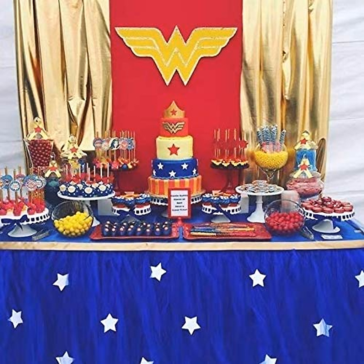 IGUO 30pcs Wonder Woman Decor Navy Blue Red White Gold Tissue Paper Pom Poms Nautical Party Supplies Twinkle Stars Paper Garland for Baby Shower Boy Scout Banquet Birthday Party Decorations
