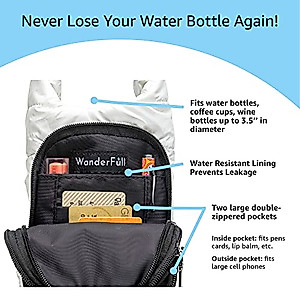 WanderFull Crossbody HydroBag - Water Bottle Holder - Quilted Bottle Bag - Water Bottle Carrier with Strap - Stylish Puffer Tote for Water Bottle (White Glossy with Interchangeable Strap)