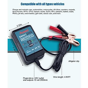 Aowel 12V, 2-Amp Fully Automatic Battery Charger & Maintainer for Car, Lawn Mower, ATV, Motorcycle, Boat, Marine Lithium(LifePO4) and AGM, Deep Cycle Lead-Acid Batteries