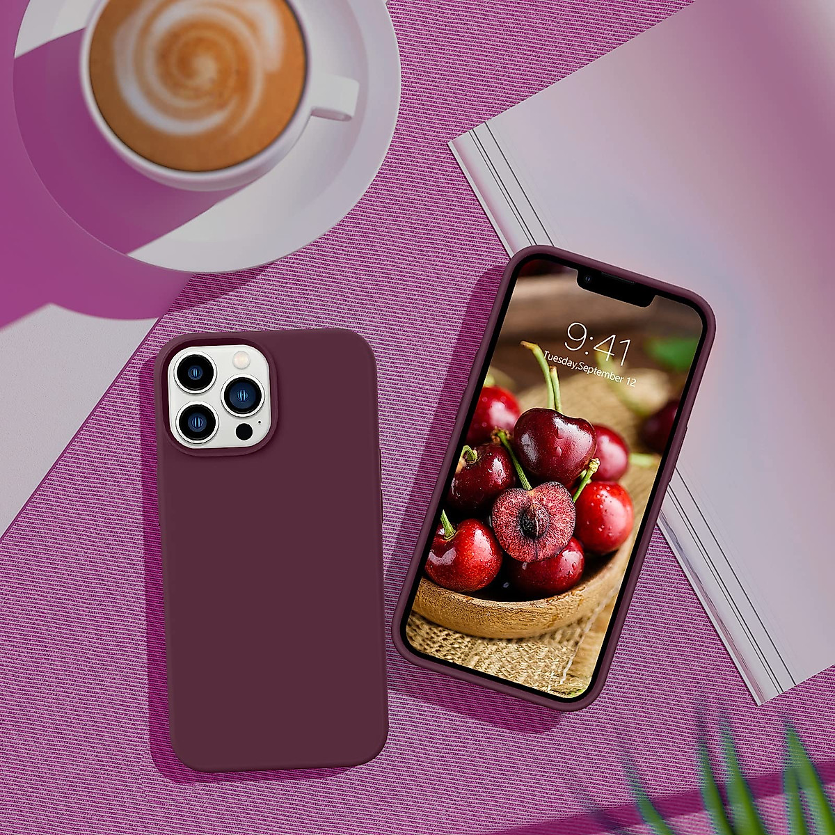 GUAGUA Compatible with iPhone 13 Pro Max Case 6.7 Inch Liquid Silicone Soft Gel Rubber Slim Microfiber Lining Cushion Texture Cover Shockproof Protective Phone Case for iPhone 13 Pro Max, Plum Red