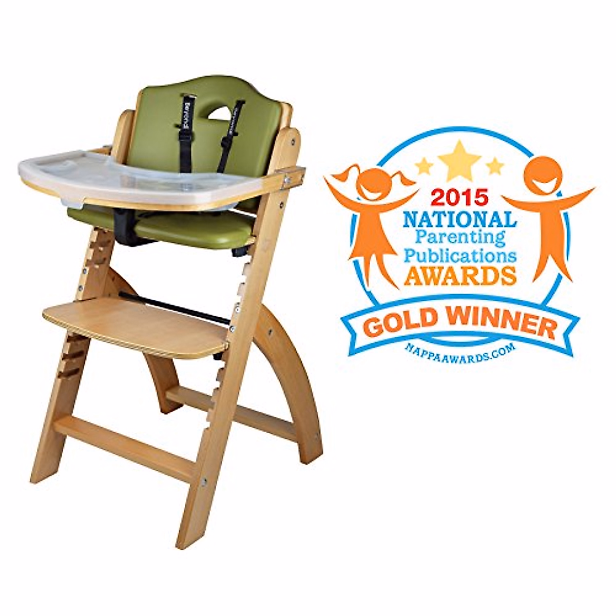 Abiie Beyond Wooden High Chair with Tray. The Perfect Adjustable Baby Highchair Solution for Your Babies and Toddlers or as a Dining Chair. (6 Months up to 250 Lb) (Natural Wood - Olive Cushion)