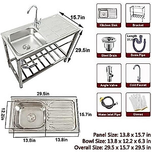 Free Standing Stainless Steel Sink,Commercial Restaurant Kitchen Sink Set,with Workbench Storage Shelves and Water Faucet,for Indoor Outdoor Laundry Garage
