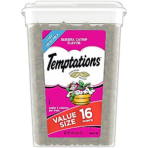 TEMPTATIONS Classic Crunchy and Soft Cat Treats Blissful Catnip Flavor, 16 oz. Tub