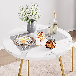 Amyove Dining Table Set for 2, Round Kitchen Table and Chairs for 2, Modern Dining Room Table Set with 2 Metal and Wood Chairs, Kitchen Table Set for Small Space, Apartment, Marble White and Gold