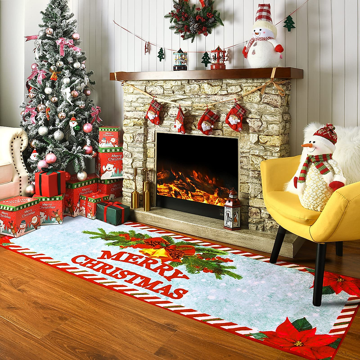 junovo 2 x 6ft Christmas Area Rug Runner Merry Christmas Poinsettia Indoor Rug for Xmas Holiday Decoration, Non-Slip Festive Christmas Carpet Red Flower Door Mat for Fireplace Bedroom Living Room