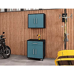 Manhattan Comfort Eiffel 2-Piece Storage Garage Set in Matte Black and Aqua Blue