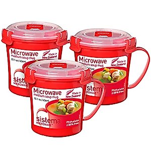 Sistema Microwave Soup Mugs | Microwave Food Containers with Steam Release Vents | 656 ml | BPA-Free | Recyclable with TerraCycle | Red | 3 Count