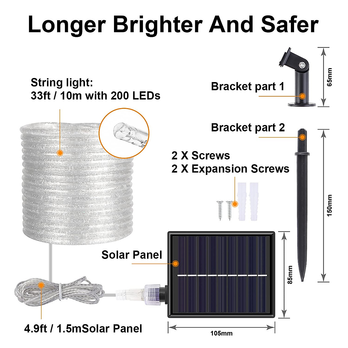Speclux Solar Rope String Lights, 33ft 200LED Solid Tube Fairy String Lights, Waterproof Outdoor Starry Lights with 8 Lighting Modes for Patio, Garden, Gate, Yard, Party, Home Decoration(Cool White)