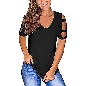 wodceeke Women's Top Short-Sleeved V-Neck Off-the-shoulder Floral T-Shirt Casual Loose Summer Tee Sports Blouse Top (Black, S)
