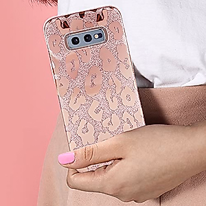 J.west Galaxy S10E Case 5.8-inch, Luxury Saprkle Bling Glitter Leopard Print Design Soft Metallic Slim Protective Phone Cases for Women Girls TPU Silicone Cover Case for Samsung S10e Rose Gold
