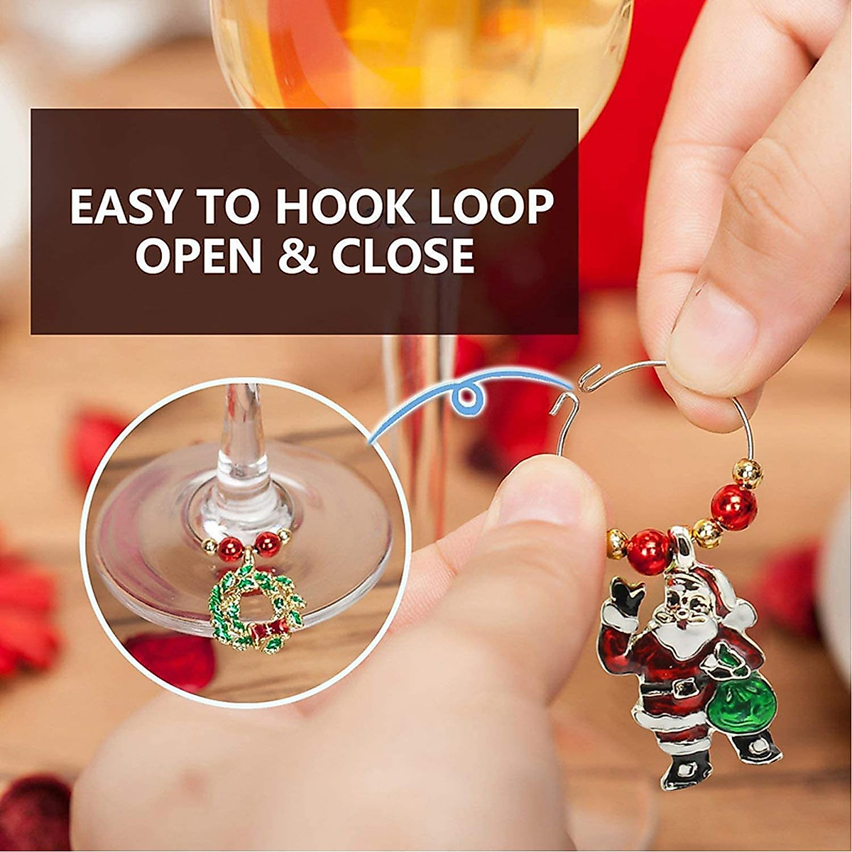 AUXO-FUN 12 Pieces Christmas Wine Glass Charms for Stemmed Goblets Glasses Drink Markers to Identify Your Drinks Bringing Cheers to Your Holiday Party