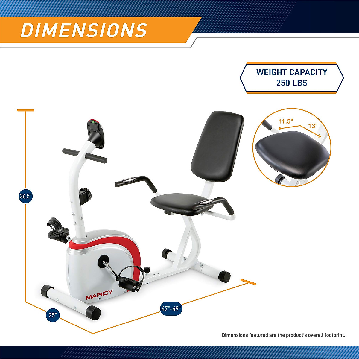 Marcy Recumbent Exercise Bike with Magnetic Resistance and Pulse Sensor NS-908R White 30.50 x 11.50 x 21.50 inches