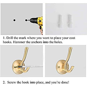 ZUONAI Gold Hooks 2 Pack Heavy Duty Brass Wall Gold Coat Hook Decorative Metal Hooks for Hanging Coats and Hat Hooks Towel Hooks for Bathrooms Clothing Hooks for Bedroom Key Hanger Double Hooks