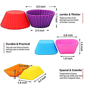 Wisehold 24PCS Silicone Lunch Cups, 3 Shapes of Large Silicone Cupcake Liners, Reusable Silicone Baking Cups, Multisize Silicone Muffin Cups for Lunch Box Dividers