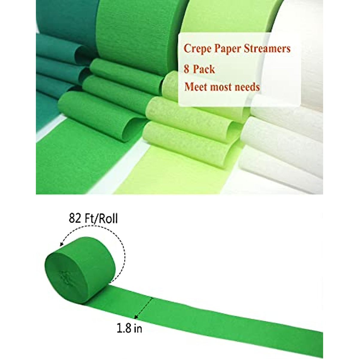 Green Crepe Paper Streamers 8 Rolls, Party Streamers for Birthday Wedding Baby Bridal Shower Decorations Halloween Christmas Craft Supplies (1.8 Inch x 82 Ft/Roll，656ft)