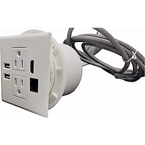 Round Desktop Conference Room Power Grommet Outlet, FITS 3 1/8" - 3 1/4" 2 (TR) AC Outlets, 2 USB Charging Ports, 1 CAT 6, 1 HDMI, ETL Listed (DC-8589_White-Square)