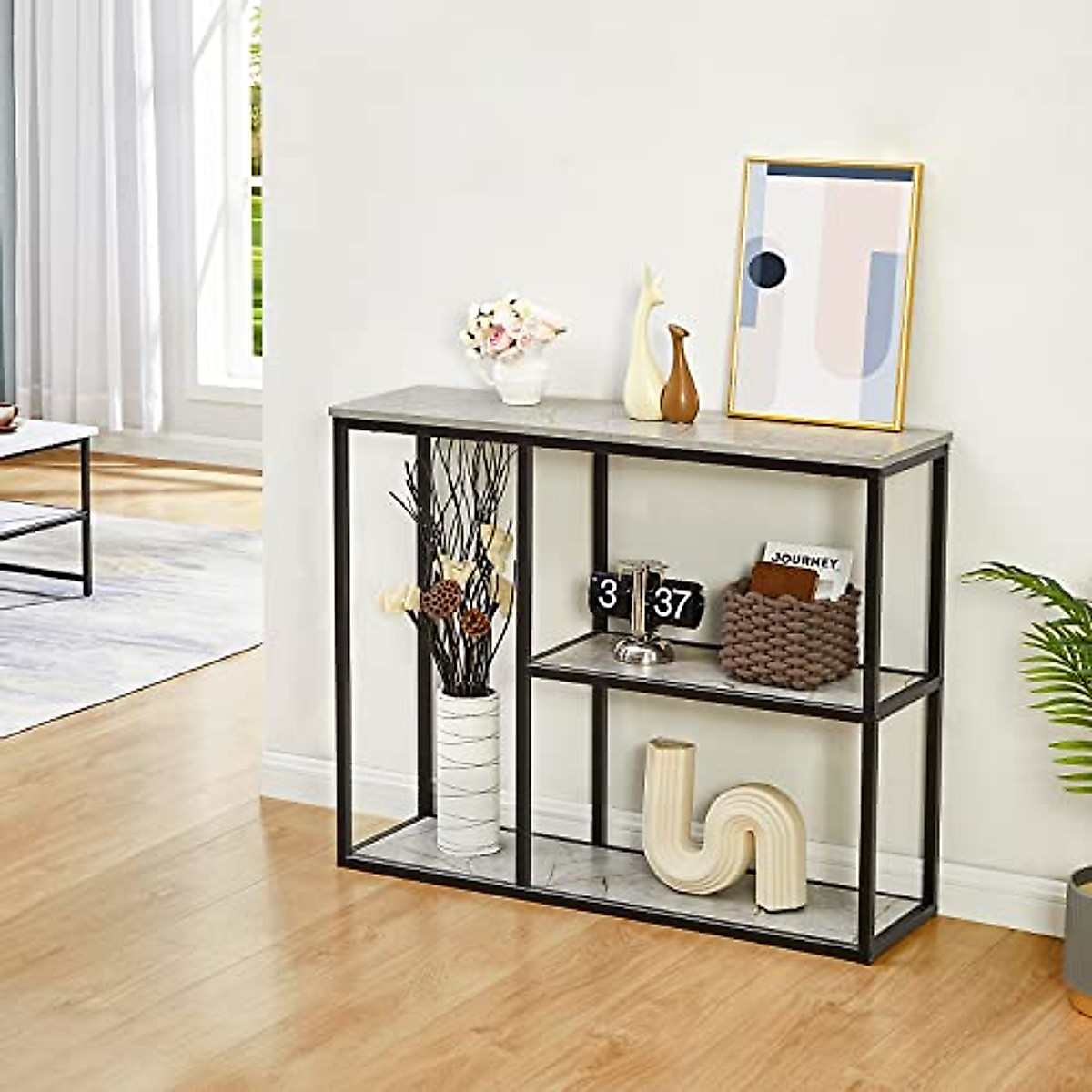 WOHOMO Console Table, 12 Inch Narrow Sofa Table with 3-Tier Storage Shelves, 40 Inch Industrial Entryway Table for Living Room, Corridor, Hallway, Grey Marble