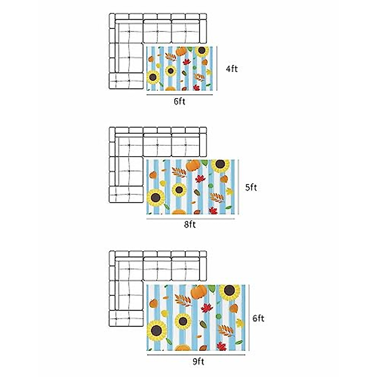 Outdoor Rug 5' x 8', Fall Pumpkin Sunflowers Large Area Rugs for Patio/RV/Deck/Porch/Indoors, Thanksgiving Harvest Blue Stripes Water Absorption Camping Rug Carpet, Lightweight Washable Rug Runners