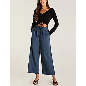 Tanming Linen Pants Women Summer Wide Leg High Waisted Work Pants Palazoo Trousers (NavyBlue-XL)