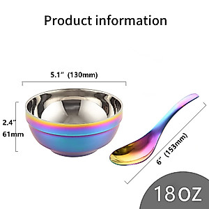 FPXRNG Rainbow Bowl Set of 4x Cereal Bowls and 4x Spoons Double Layer Stainless Steel 5.1 inch Round Bowls for Rice Ice Cream bowl Set for Kitchen