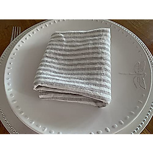 Linen Napkins – 100% French Flax – Stonewashed Pure Linen Cloth Napkins – Mitered Corners – Set of 4 (Gray/White Stripe)