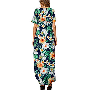 HUSKARY Sun Dresses for Women 2025 Vacation Summer Beach Vacation Flowy Derss Floral Print Boho Dresses with Pockets 2025 Boho Navy XX-Large