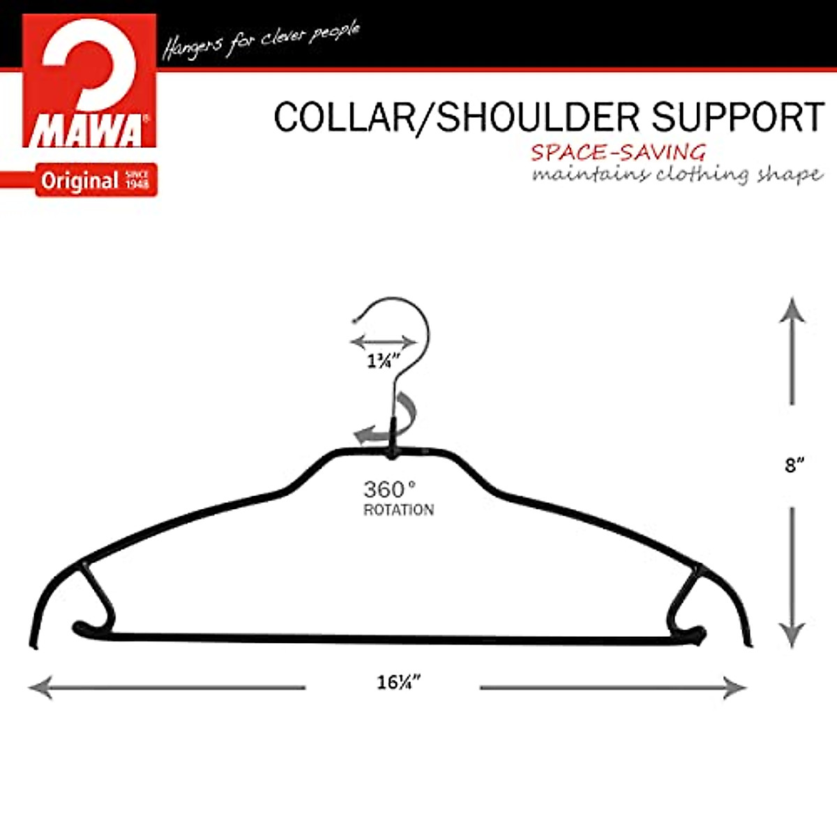 Mawa by Reston Lloyd Silhouette Ultra-Thin Series, Non-Slip Space Saving Shirt Hanger with Pant Bar & Skirt Hooks, Style 42/FTU, Pack of 10, Black